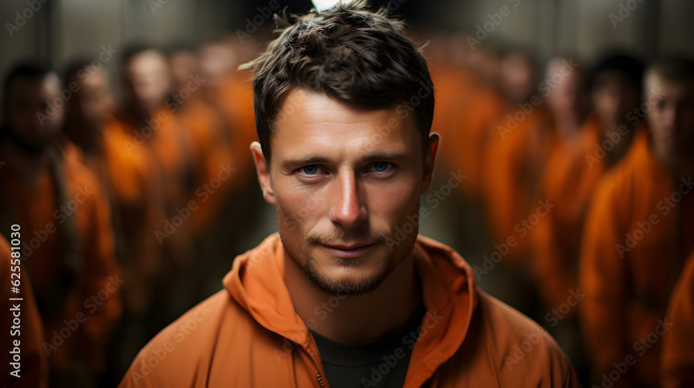Prisoners in orange shirts at the prison Desperate handcuffed prisoner ...