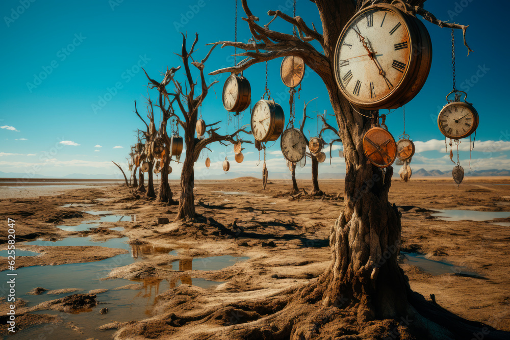 Old clocks hanging from a trees as a surreal symbols for productivity ...