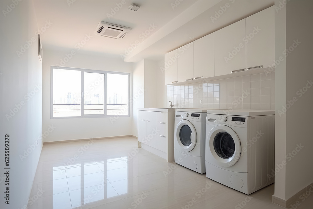 Interior clean white laundry room with front load washer and dryer ...