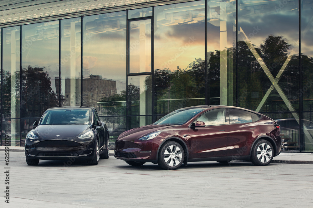 Tesla Model Y fully electric crossovers at the parking Stock Photo ...