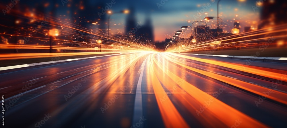 Highway speed lights trails on bokeh night city background. Motion blur effect. Generative AI ...