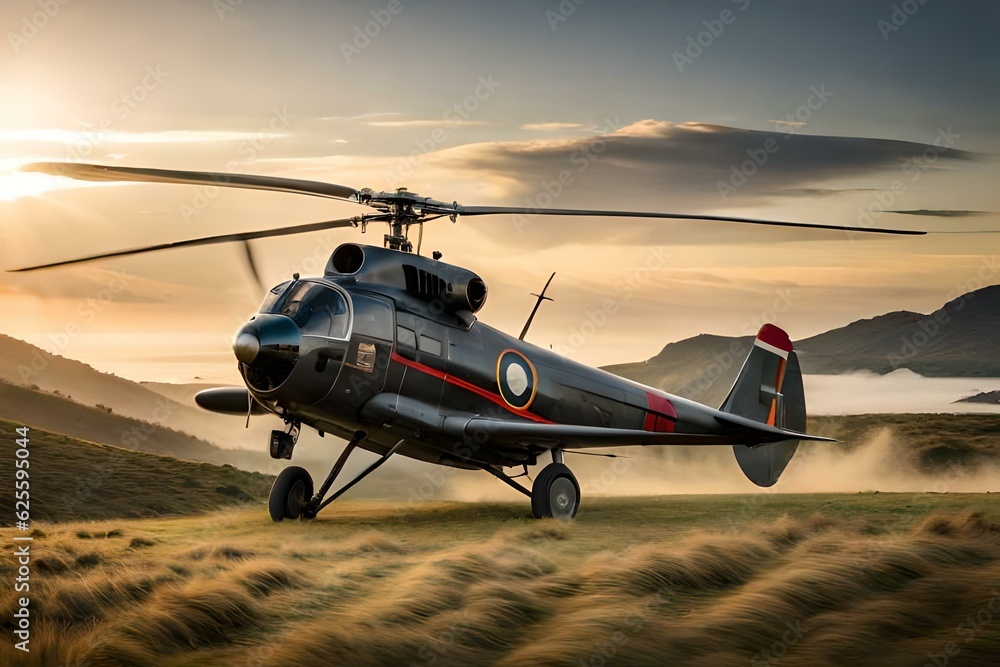 a vintage helicopter from the early days of aviation, depicting its ...