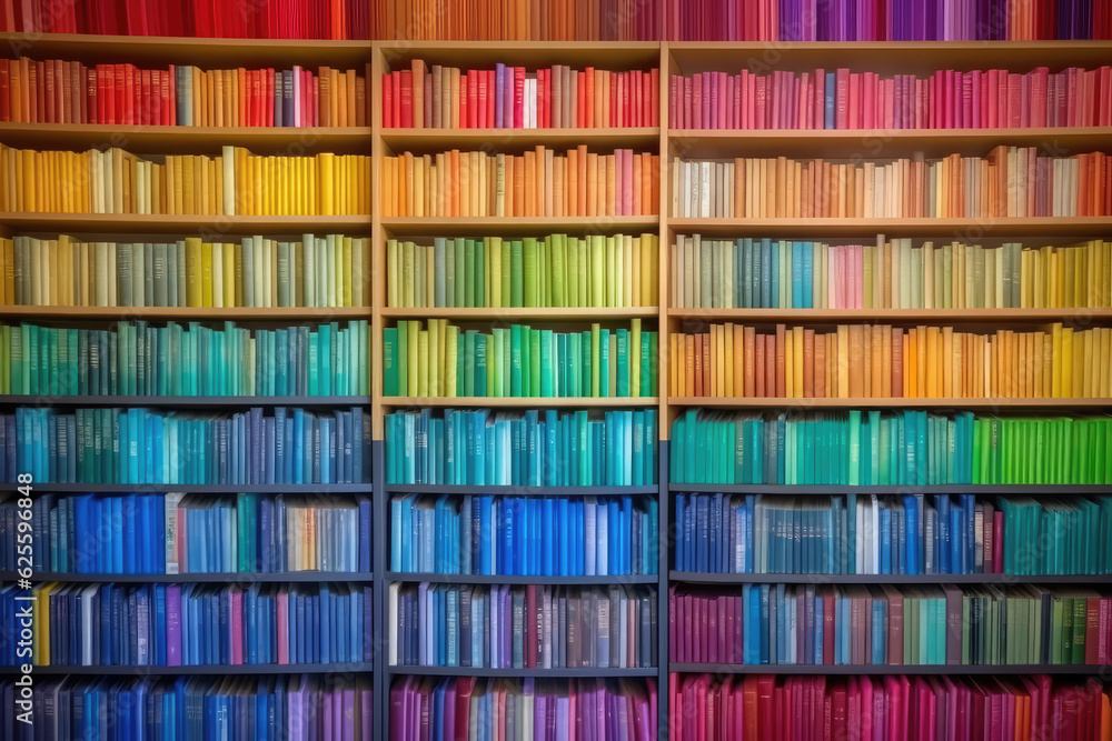 bookshelf with multi-colored books, background consisting of a huge bookshelf lined with colored ...