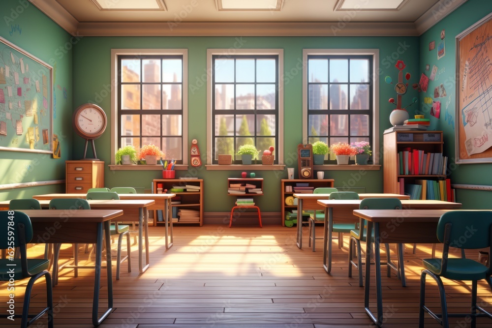 Cartoon classroom interior with view on the blackboard, school desks ...