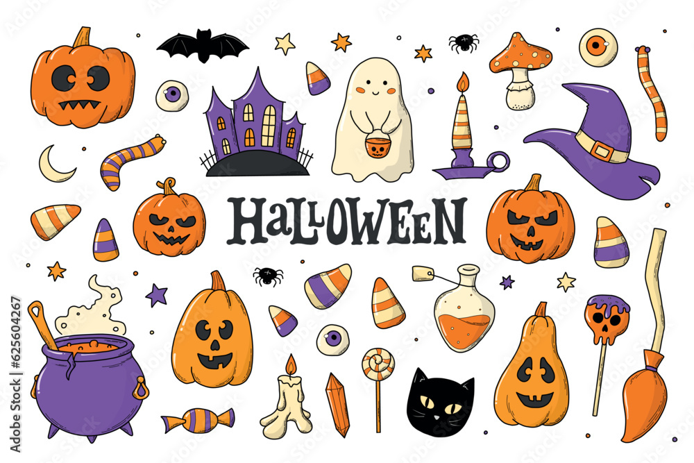 set of halloween doodles, cartoon elements, clip art isolated on white ...