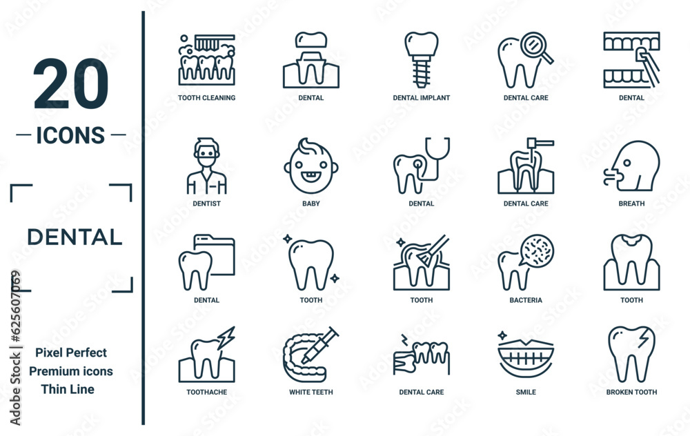 dental linear icon set. includes thin line tooth cleaning, dentist ...
