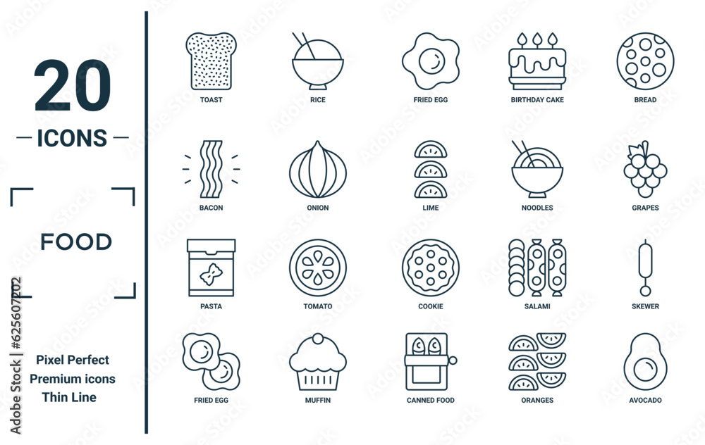 food linear icon set. includes thin line toast, bacon, pasta, fried egg ...