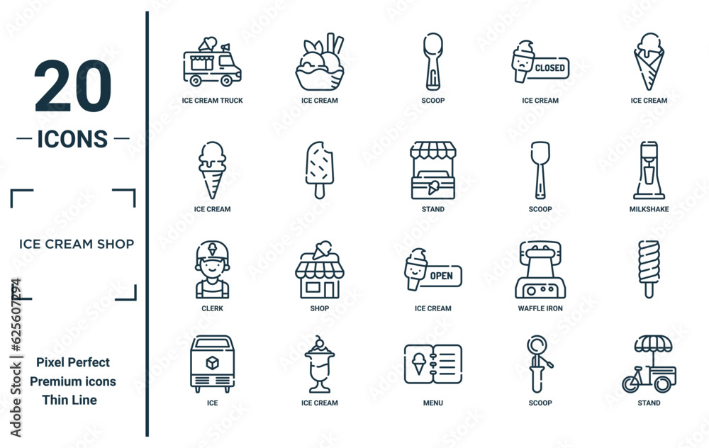 ice cream shop linear icon set. includes thin line ice cream truck, ice ...