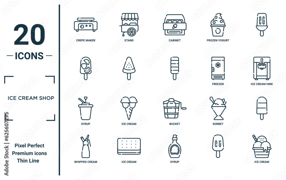 ice cream shop linear icon set. includes thin line crepe maker, , syrup ...