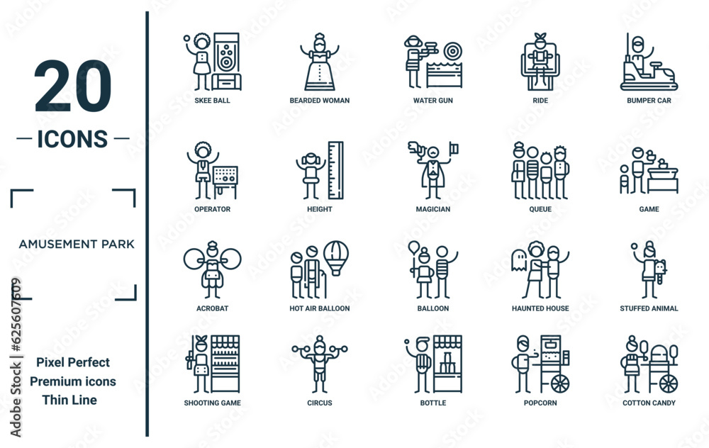 amusement park linear icon set. includes thin line skee ball, operator ...
