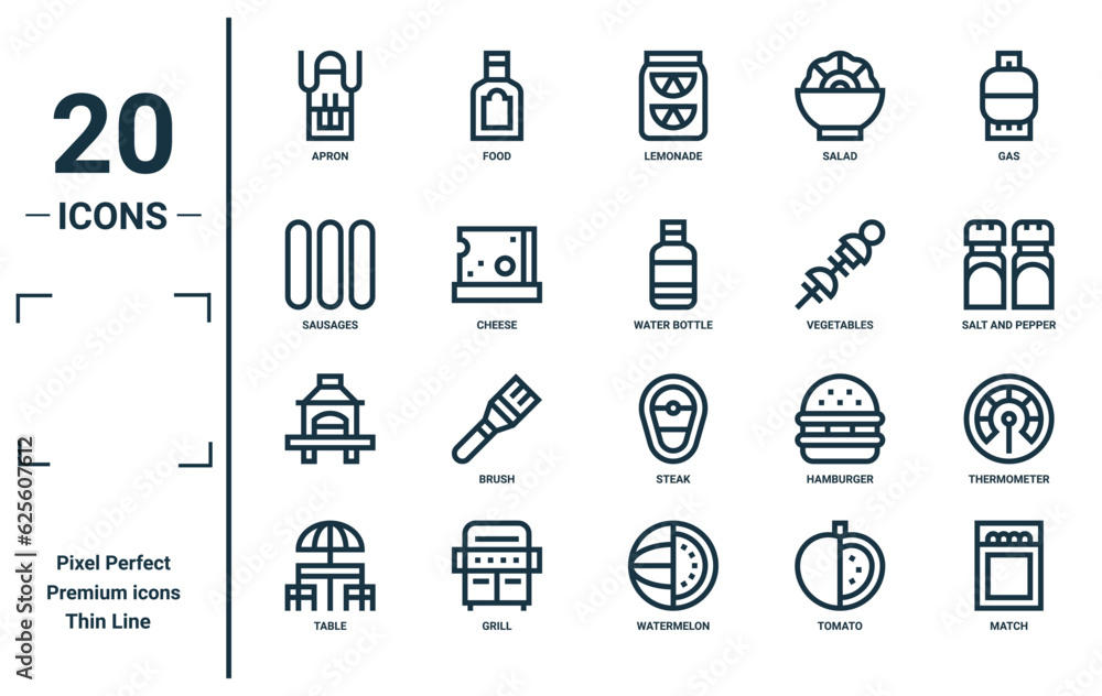 linear icon set. includes thin line apron, sausages, , table, match, water bottle, thermometer ...