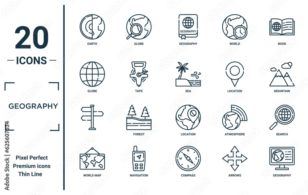 geography linear icon set. includes thin line earth, globe, , world map ...