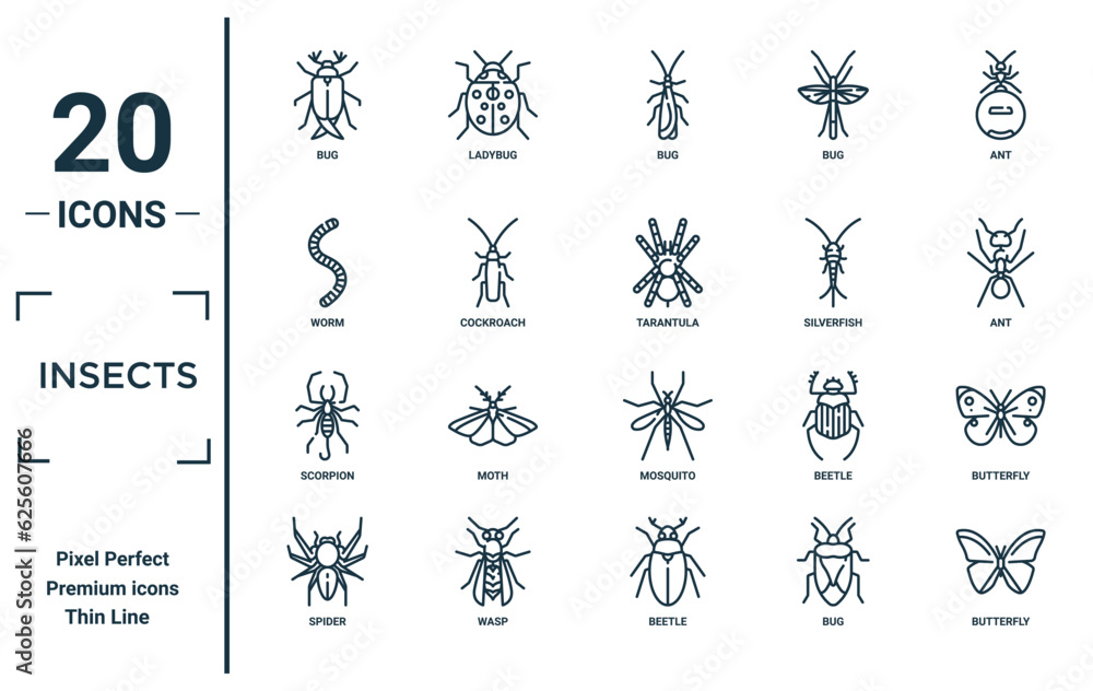 insects linear icon set. includes thin line bug, worm, scorpion, spider ...