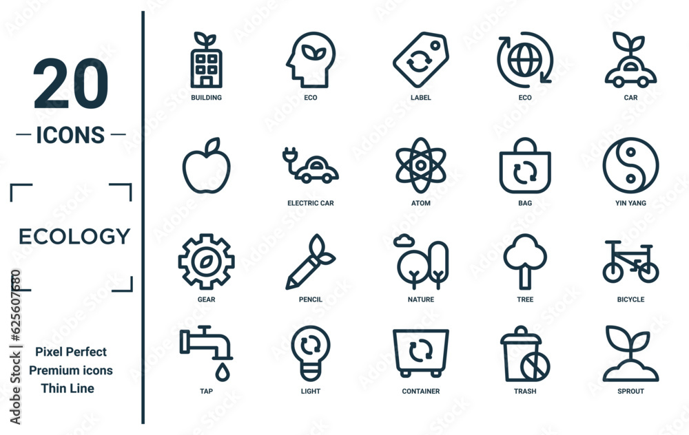 ecology linear icon set. includes thin line building, , gear, tap ...