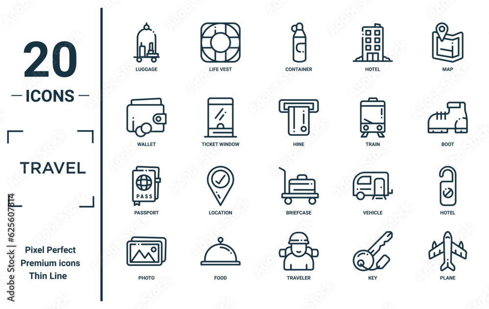 travel linear icon set. includes thin line luggage, wallet, passport ...