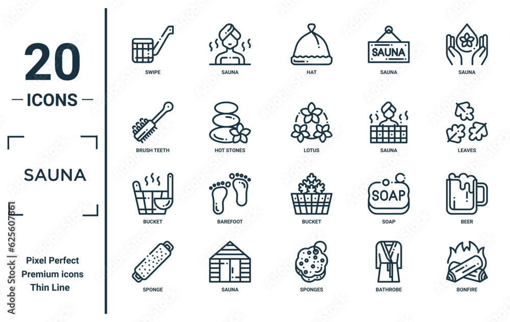 sauna linear icon set. includes thin line swipe, brush teeth, bucket ...