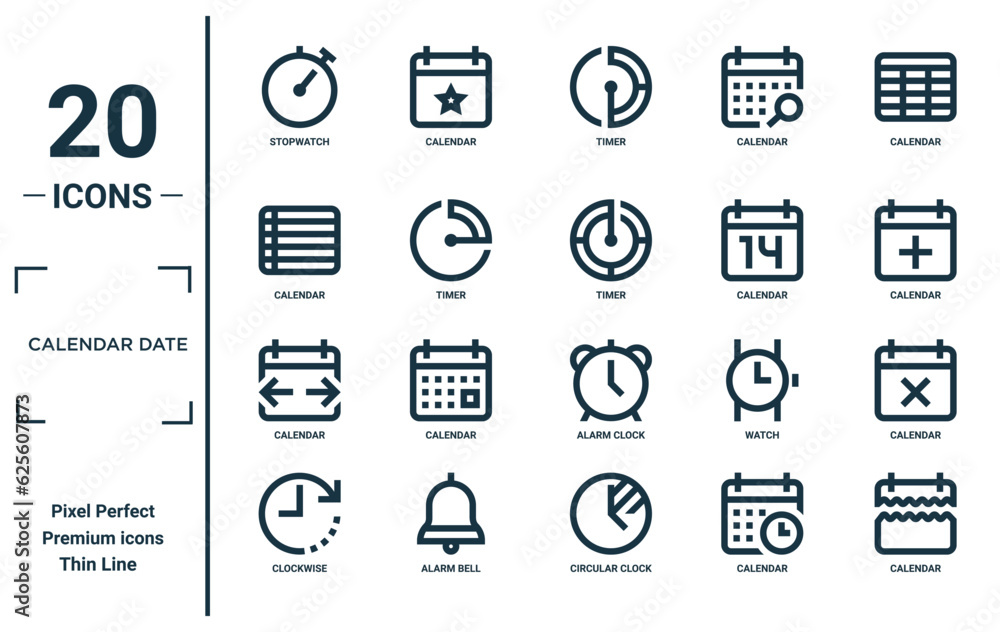 Vetor de calendar date linear icon set. includes thin line stopwatch, calendar, calendar ...