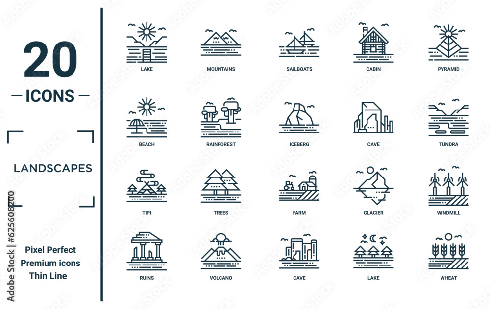 landscapes linear icon set. includes thin line lake, beach, tipi, ruins ...