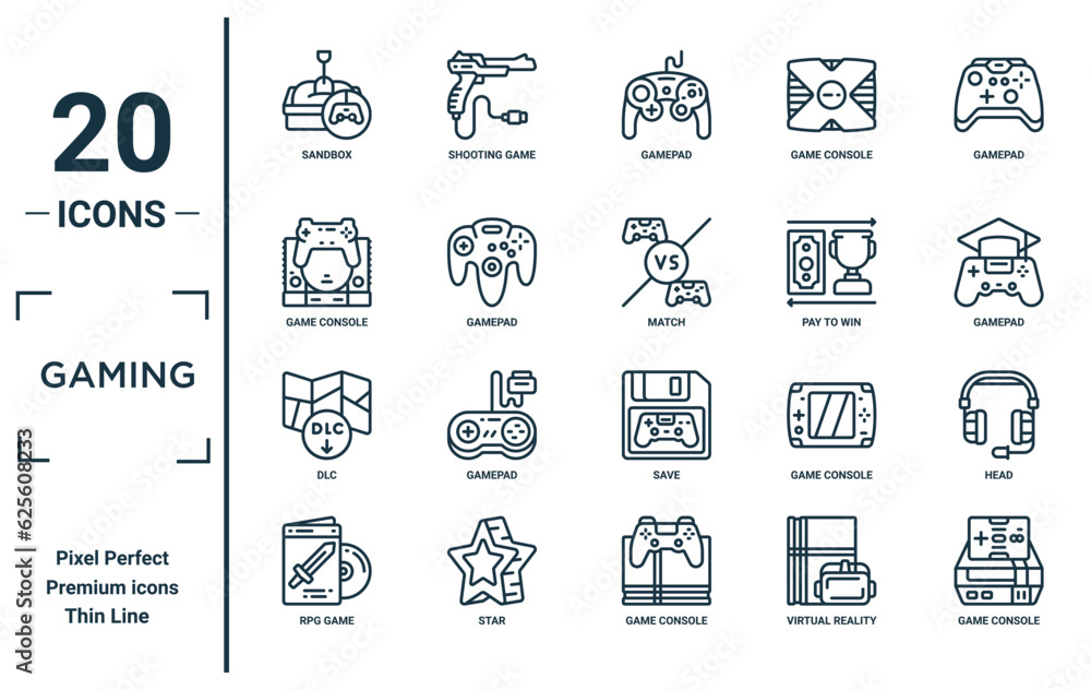 gaming linear icon set. includes thin line sandbox, game console, dlc ...