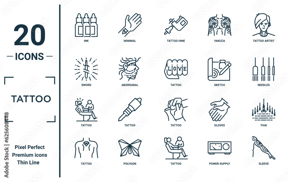 tattoo linear icon set. includes thin line ink, sword, tattoo, tattoo ...