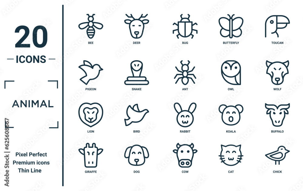 animal linear icon set. includes thin line bee, pigeon, lion, giraffe ...