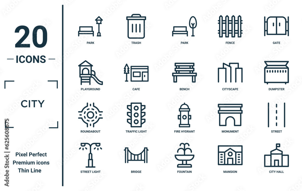 city linear icon set. includes thin line park, playground, roundabout ...