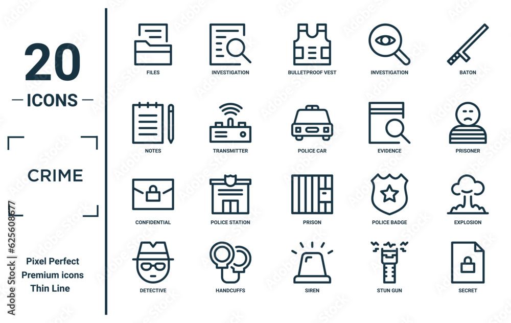 crime linear icon set. includes thin line files, notes, confidential ...