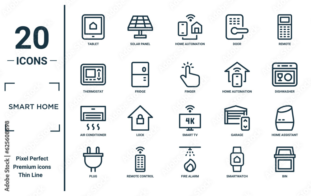 smart home linear icon set. includes thin line tablet, thermostat, air ...