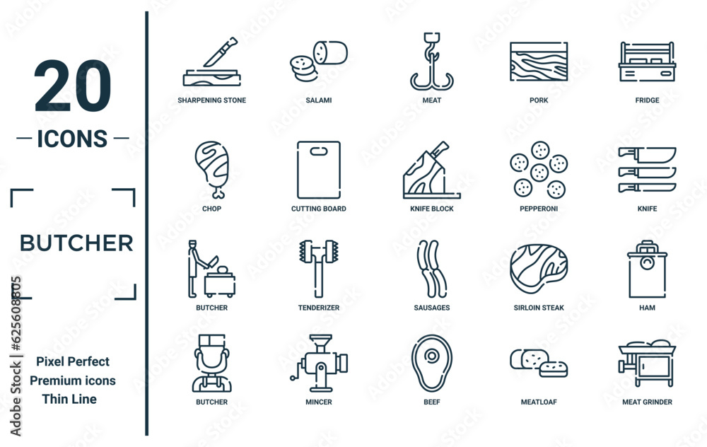 butcher linear icon set. includes thin line sharpening stone, chop, butcher, butcher, meat ...