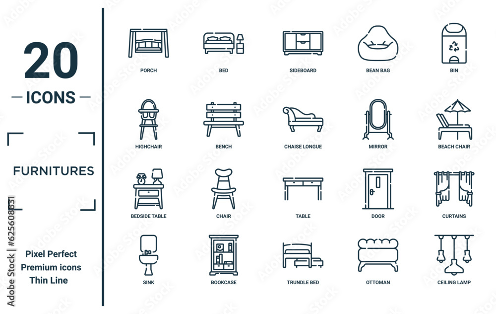 furnitures linear icon set. includes thin line porch, highchair ...