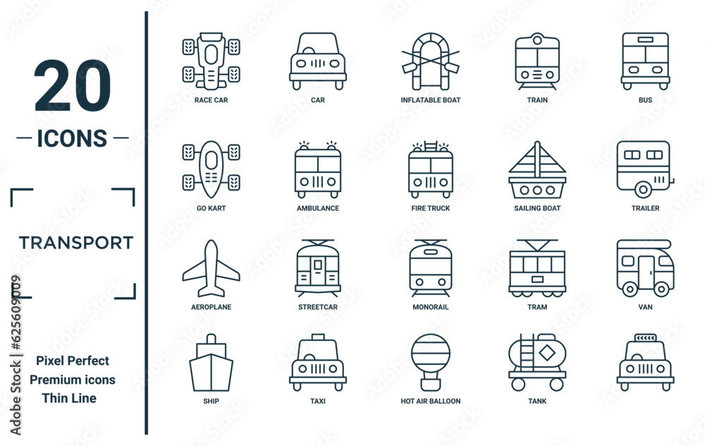 transport linear icon set. includes thin line race car, go kart ...