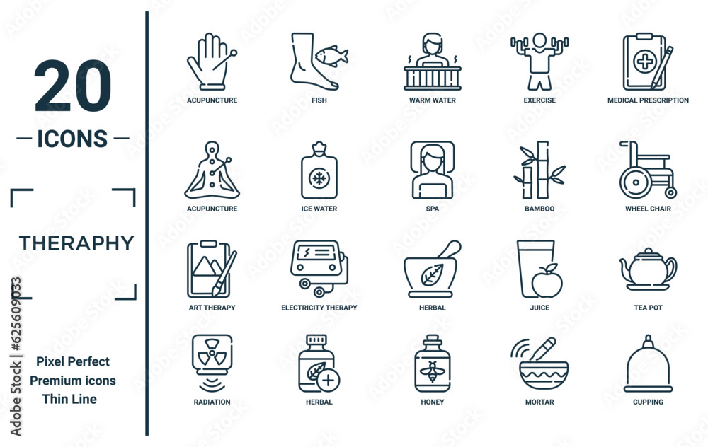 theraphy linear icon set. includes thin line acupuncture, acupuncture ...