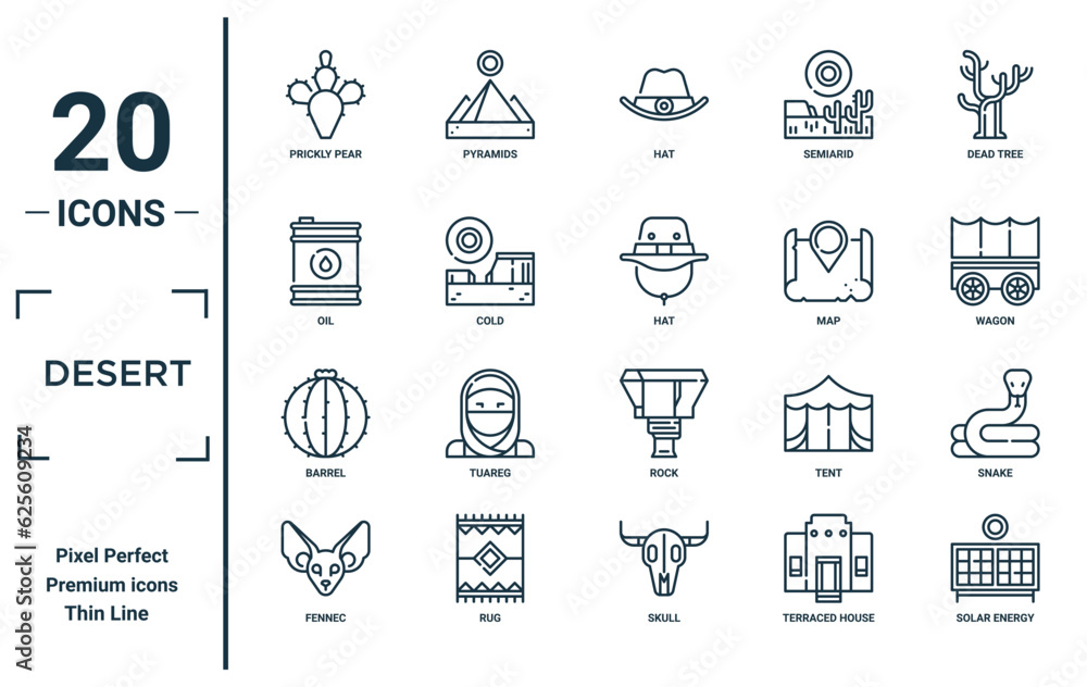 desert linear icon set. includes thin line prickly pear, oil, barrel ...