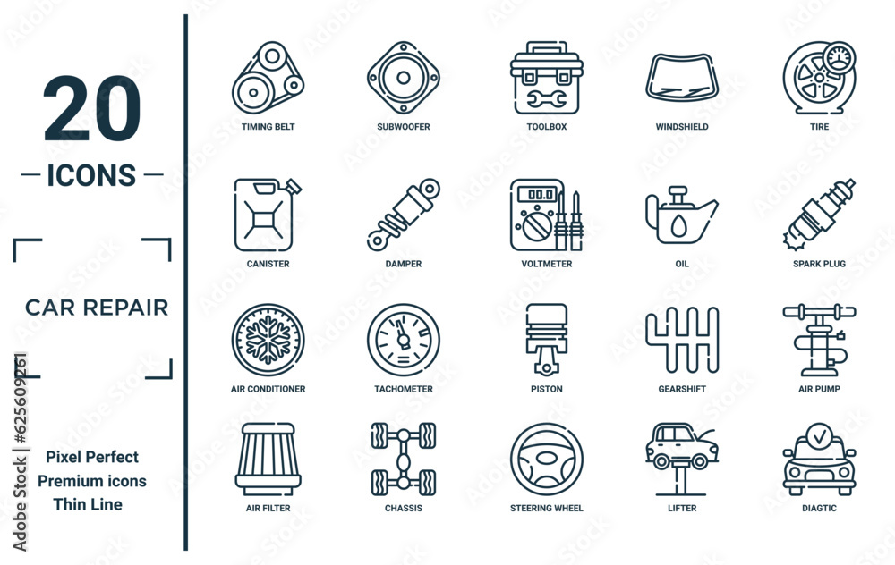car repair linear icon set. includes thin line timing belt, canister ...