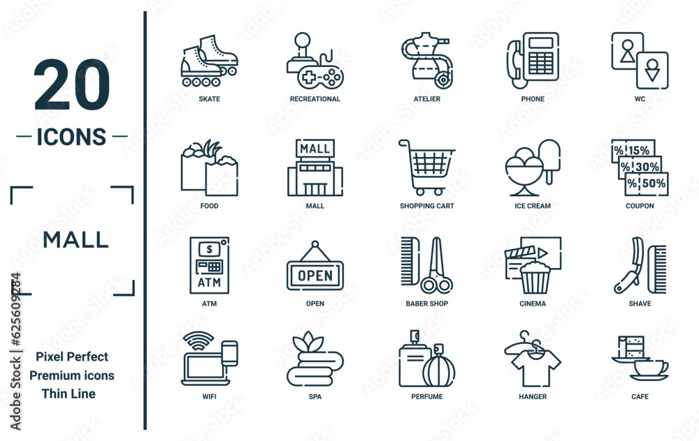 mall linear icon set. includes thin line skate, food, atm, wifi, cafe ...