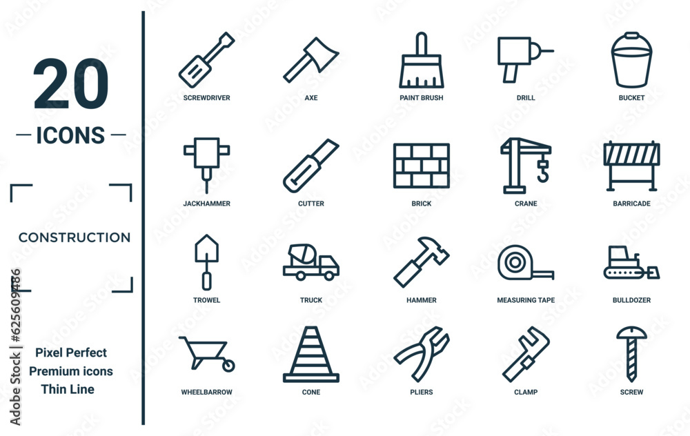 construction linear icon set. includes thin line screwdriver ...