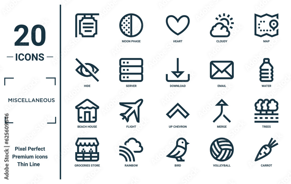 miscellaneous linear icon set. includes thin line , hide, beach house ...
