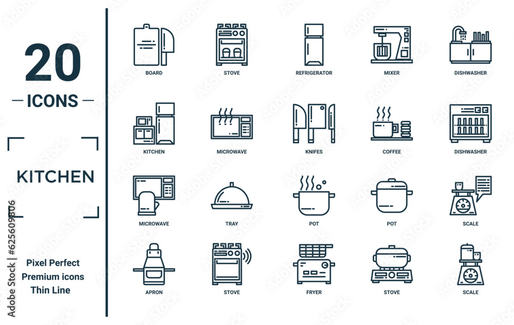 kitchen linear icon set. includes thin line board, kitchen, microwave ...