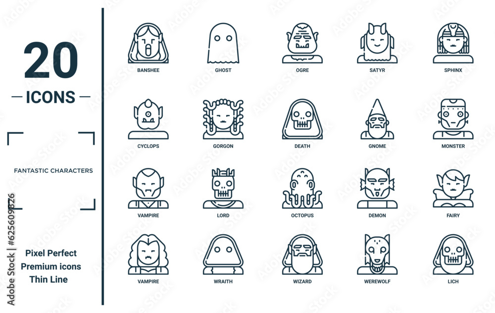 fantastic characters linear icon set. includes thin line banshee ...