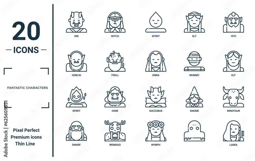 fantastic characters linear icon set. includes thin line oni, goblin ...