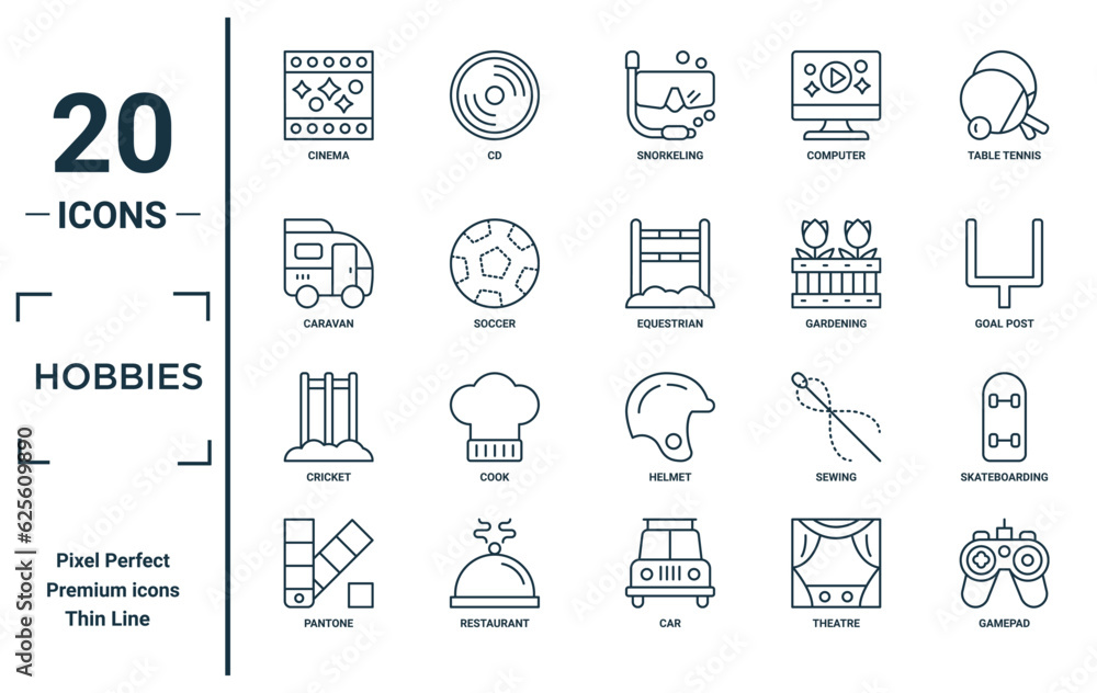 hobbies linear icon set. includes thin line cinema, caravan, cricket ...