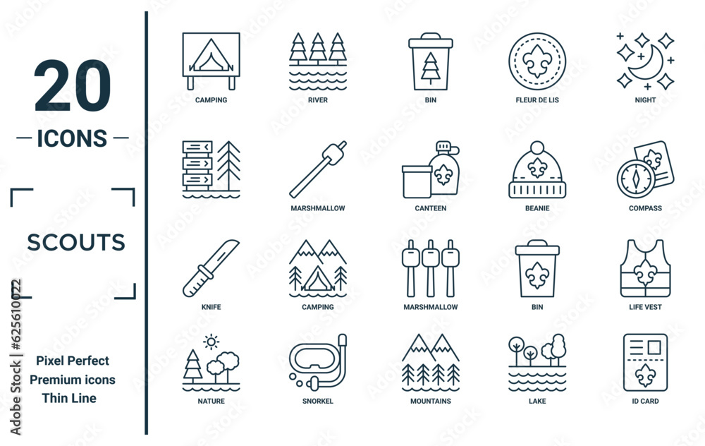 scouts linear icon set. includes thin line camping, , knife, nature, id ...