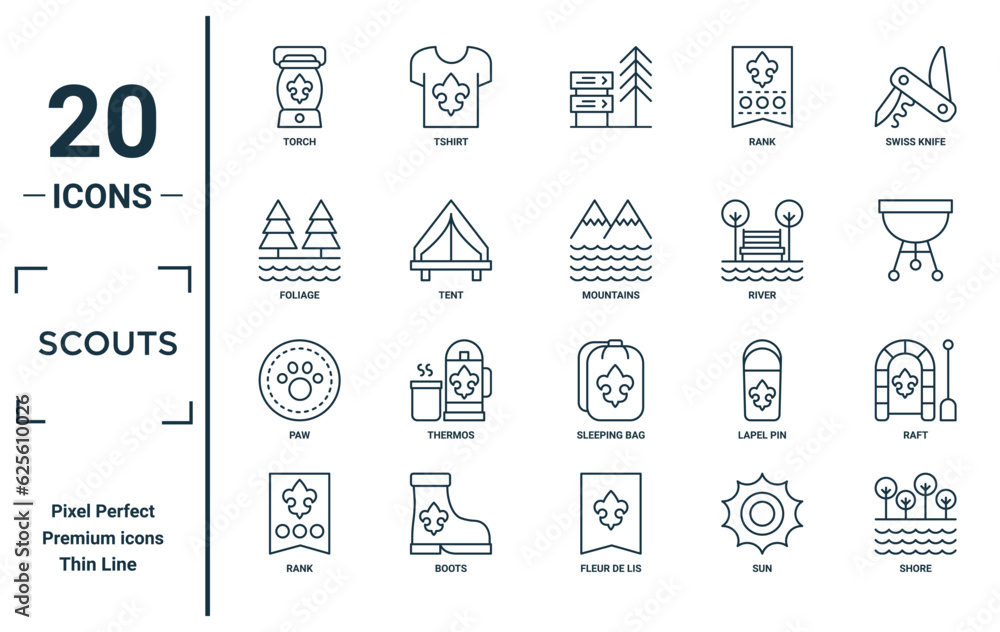 scouts linear icon set. includes thin line torch, foliage, paw, rank ...