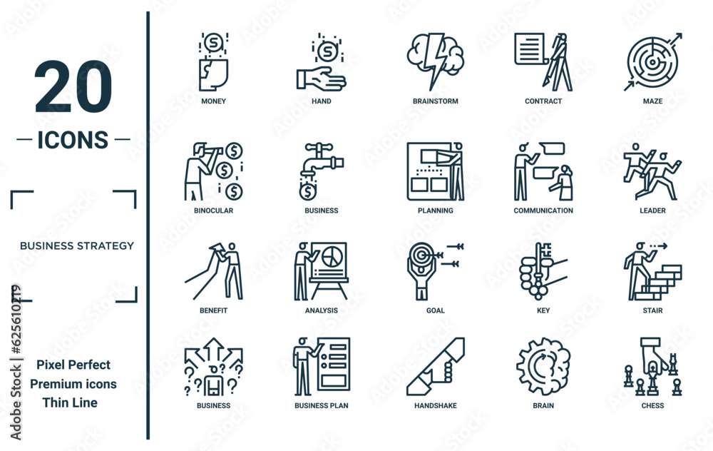 Vetor de business strategy linear icon set. includes thin line money, binocular, benefit ...