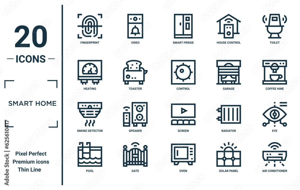 smart home linear icon set. includes thin line fingerprint, heating, smoke detector, pool, air ...