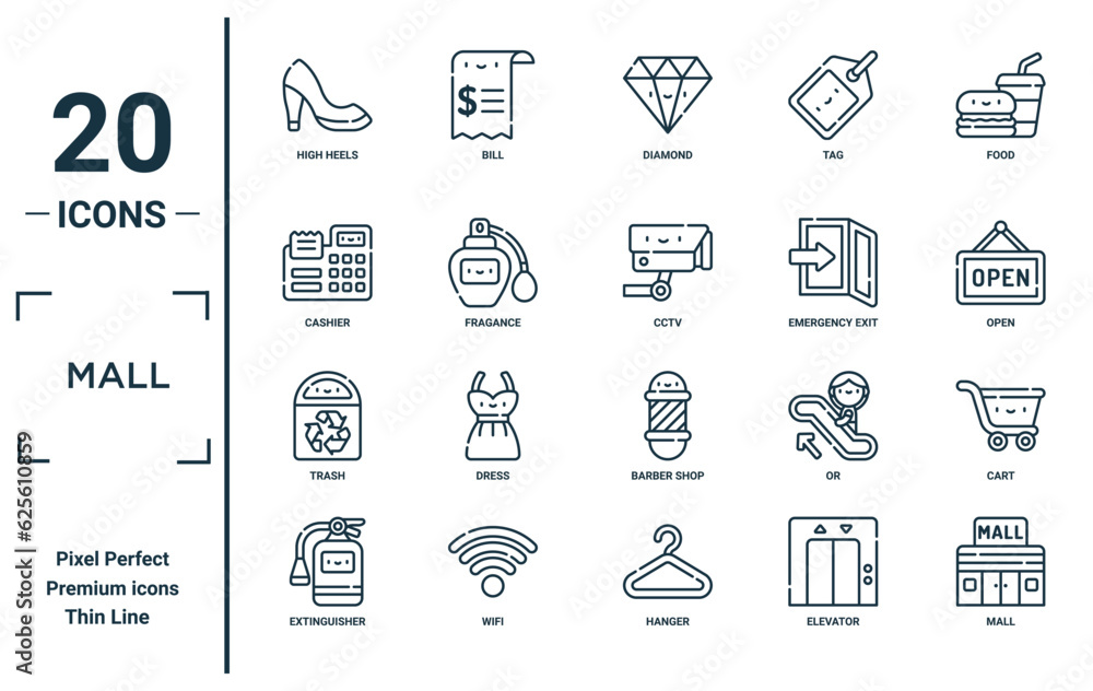 mall linear icon set. includes thin line high heels, cashier, trash, extinguisher, mall, cctv ...