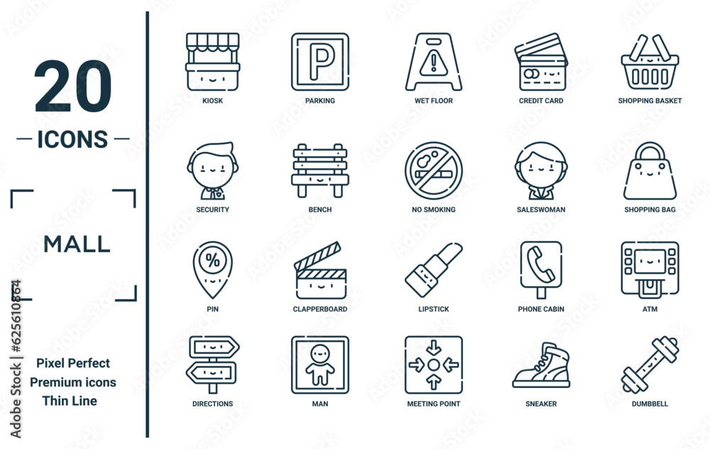 mall linear icon set. includes thin line kiosk, security, pin, directions, dumbbell, no smoking ...