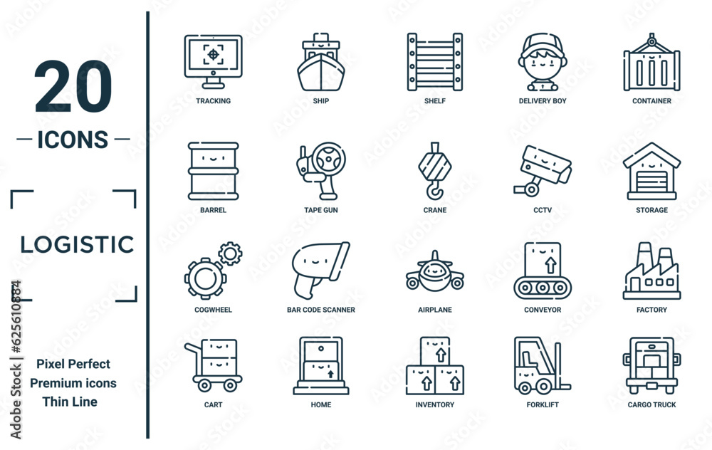 logistic linear icon set. includes thin line tracking, barrel, cogwheel, cart, cargo truck ...