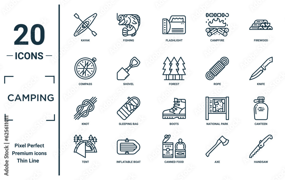 camping linear icon set. includes thin line kayak, compass, knot, tent ...