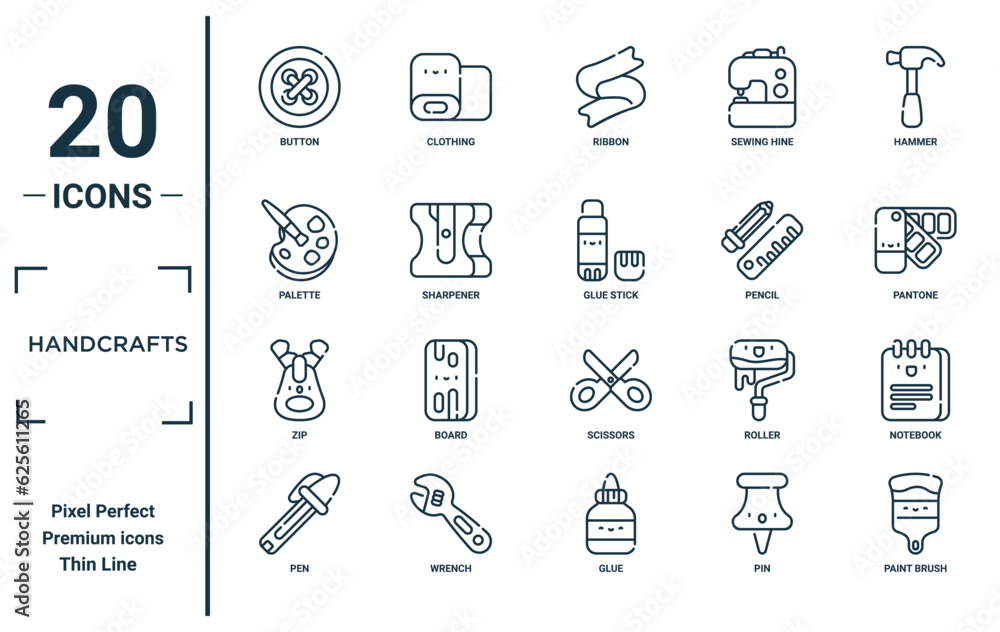 handcrafts linear icon set. includes thin line button, palette, zip ...
